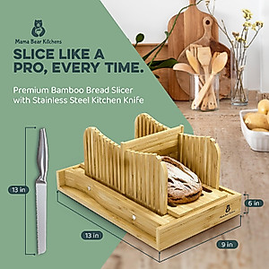 Mama Bear Kitchens Bamboo Bread Slicer with Knife - Adjustable & Durable Bread Loaf Slicer with Crumb Tray & Foldable Bread Cutter Guide - Easy to Clean & Store Bread Slicer for Homemade Bread