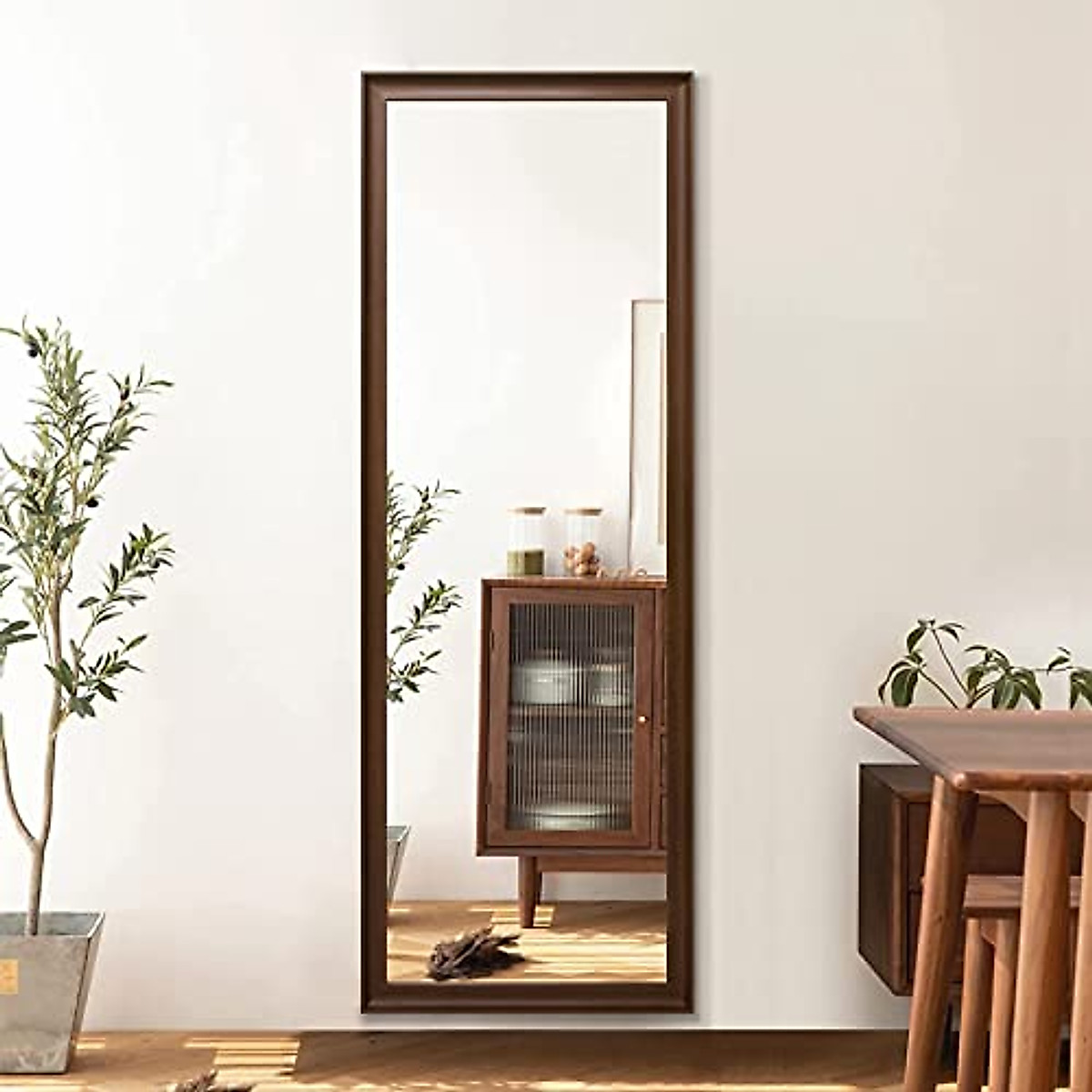TheiaMo Full Length Mirror Wood Frame, 65×22in Floor Mirror Full Body Mirror with Standing Holder Hanging Wall Mirror, Stand Large HD Mirror, Dressing Mirror for Bedroom/Living Room, Walnut