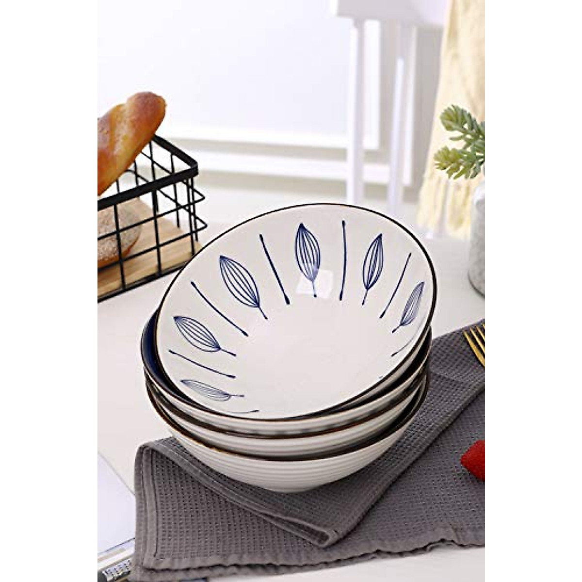 Porcelain Bowls Set of 4, Ceramic Salad Bowl, Large Serving Bowl for Desserts, Ramen, Pho, Noodles, 35 Ounce,8-inch Pho, Noodles, Asian dishes, Set of 4