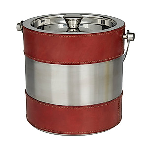 The Novogratz Leather Handmade Ice Bucket with Lid, 8" x 7" x 12", Red