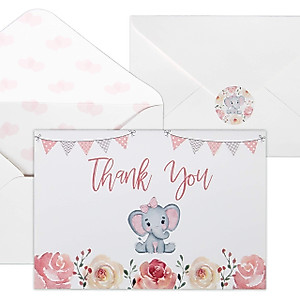 VNS Creations 50 Baby shower thank you cards with envelopes - Baby Shower Thank You Cards - Baby Shower Cards - Elephant Baby Shower Thank You Cards - Baby Girl Shower Card with Envelopes & Stickers