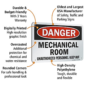 SmartSign 7 x 10 inch “Danger - Mechanical Room, Unauthorized Personnel Keep Out” OSHA Sign, Digital Printing, 55 mil HDPE Plastic, Red, Black and White