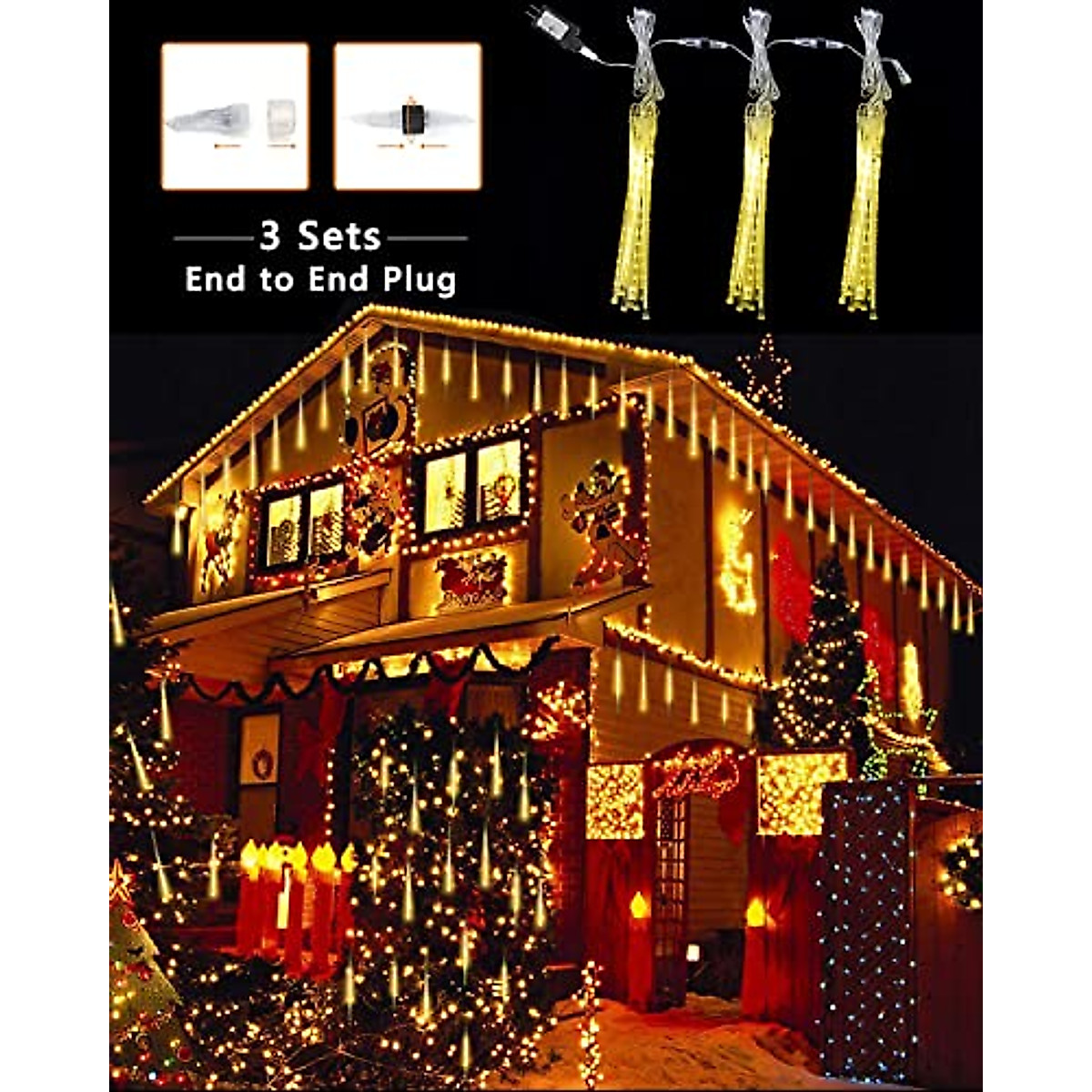 BrizLabs Christmas Meteor Shower Falling Rain Lights, 12 inch 10 Tubes 240 LED Icicle Cascading Christmas Lights Outdoor, Waterproof Plugin Warm White Xmas Tree Lights for Garden Christmas Party