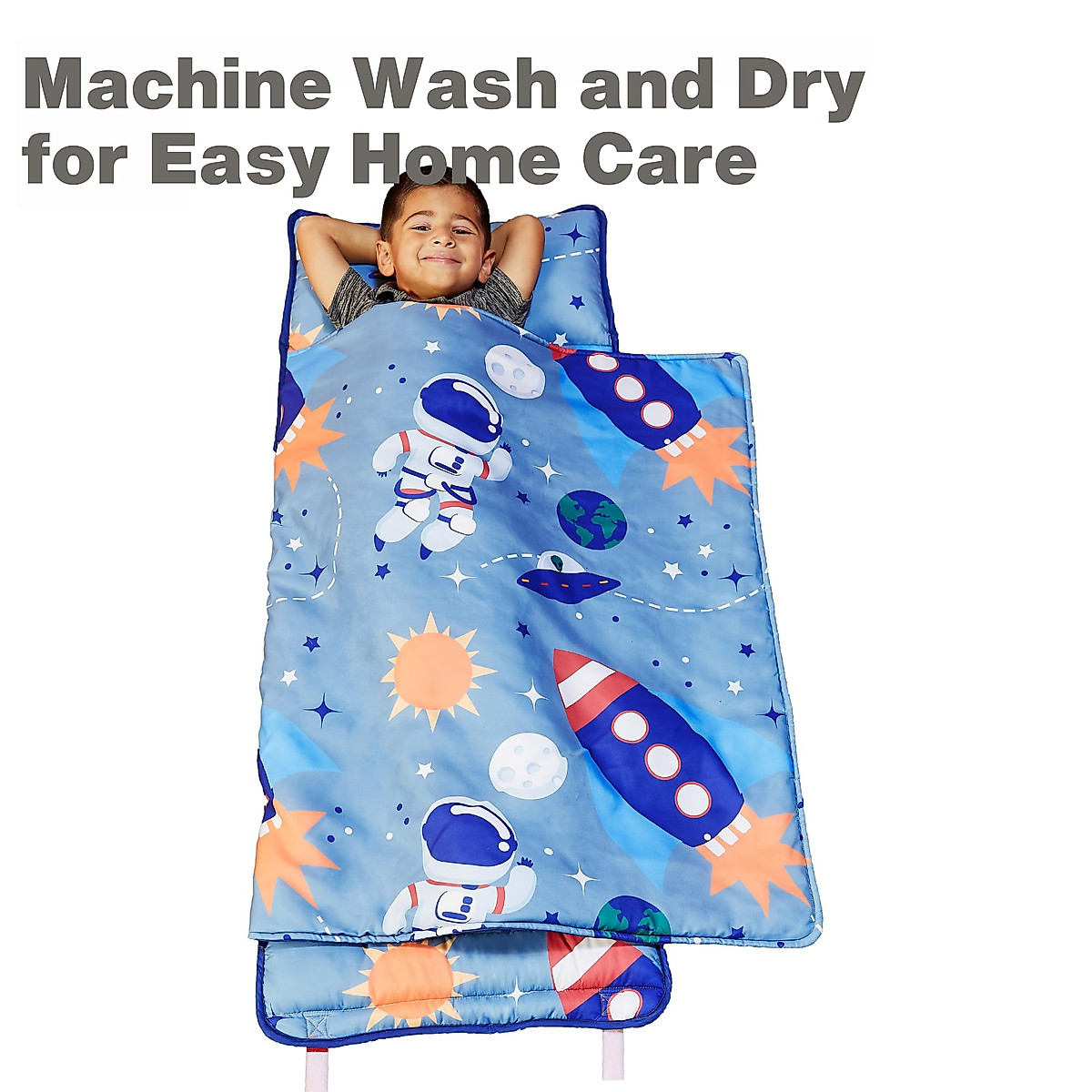 EVERYDAY KIDS Nap Mat w/Removable Pillow -Outer Space Adventures- Carry Handle with Straps Closure, Rollup Design, Soft Microfiber for Preschool, Daycare, Travel Sleeping Bag - Ages 3-6 Years