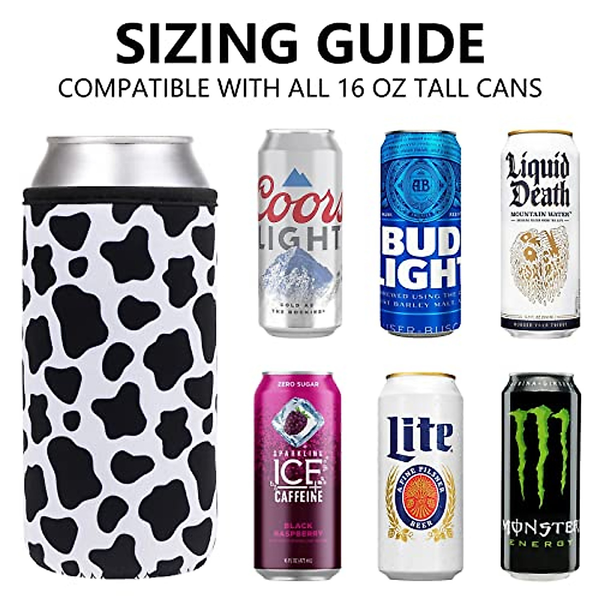 YR Upgraded Foil Insulated Lining Reusable Neoprene Insulated Can Cooler Sleeve for Can Beer, Soda, Pop, Seltzers, Can Coolies for 12oz & 16oz Can, Set of 3 (Cow)