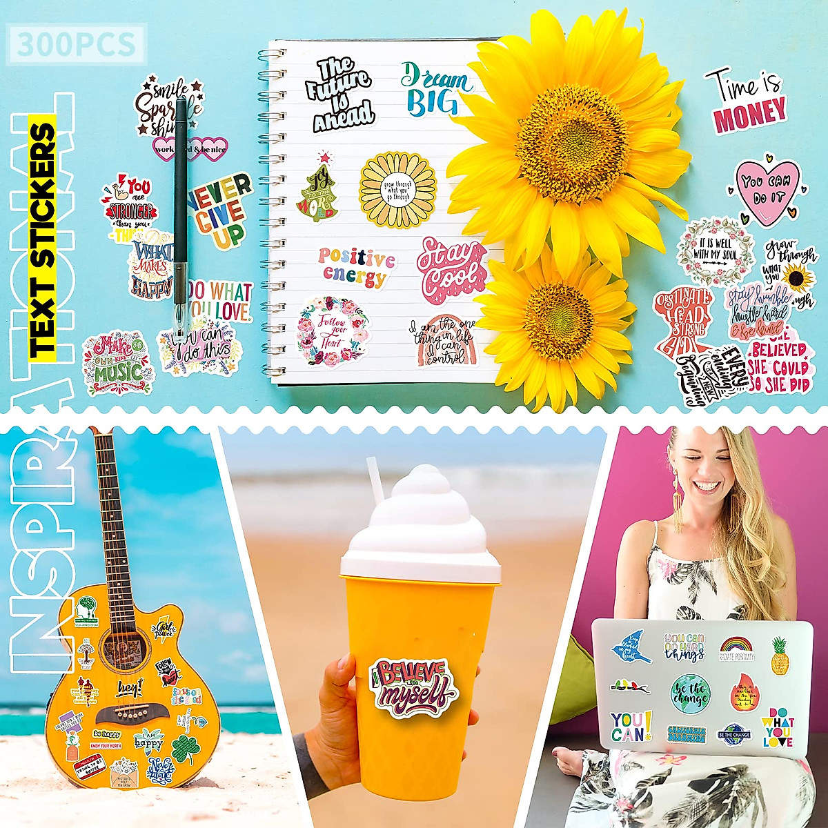 300pcs Inspirational Stickers for Teens, Adults, Motivational Encouraging Stickers for Laptop, Water Bottles, Waterproof Quote Stickers for Journal, Positive Back to School Stickers