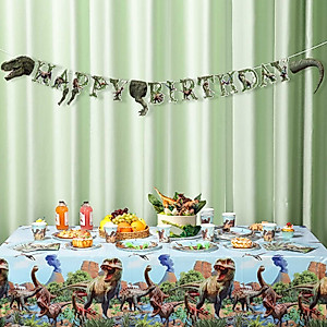 Seewey 171 Pieces Dinosaur Party Supplies Jurassic Happy Birthday Party Decorations Dinosaur Theme Birthday Tableware Tablecloth Dino Plates Napkins Cup Forks Banner for 24 Guests