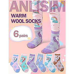 Anlisim Kids Wool Hiking Socks Toddlers Boys Girls Warm Winter Thermal Thick Heavy Crew Boot Cozy Child Gift Cabin Socks Stocking Stuffers 6 Pack(Unicorn C,8-12 Y)