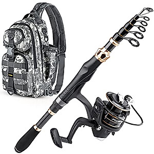 PLUSINNO Fishing Rod and Reel Combos and Fishing Tackle Backpack Storage Bag,Carbon Fiber Telescopic Fishing Rod with Reel Combo,Fishing Gear Bag,Water-Resistant Fishing Backpack with Rod Holder