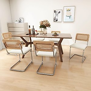 SWHSE 32.5" Rattan Chairs Set of 6, Upholstered Boucle Mid-Century Modern Dining Chairs Set of 6 with 3-layer Thickened Cushion and Galvanize Tube Frame for Dining Room, Kitchen, Living Room(White)