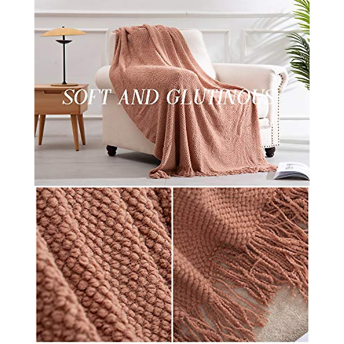 SPAOMY Knitted Throw Blanket with Tassels 3D Bubble Textured Lightweight Decorative Throws Blanket for Couch Cover Home Decor (Caramel, 50x60)
