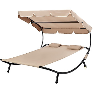 Outdoor Double Chaise Lounge Bed with Canopy, Patio Lounger Bed for 2 Person Sunlight Hammock Daybed with Portable Wheels, Pillow for Garden Sun Room Poolside