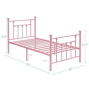 VECELO Twin Size Metal Platform Bed Frame for Girls Kids Adults, with Headboard and Footboard/No Box Spring Needed Mattress Foundation, Festival Gift Birthday Present, Pink