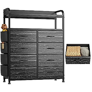 Lulive 8 Drawer Dresser with Shelves, Chest of Drawers for Bedroom with Side Pockets and Hooks Fabric Storage Tower Organizer for Nursery Hallway, Closet, Wood Top (Charcoal Black), (Dressers-HI1349)