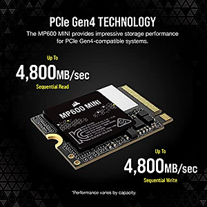 Corsair MP600 Mini 1TB M.2 NVMe PCIe x4 Gen4 2 SSD – M.2 2230 – Up to 4,800MB/sec Sequential Read – High-Density 3D TLC NAND – Great for Steam Deck and Microsoft Surface – Black