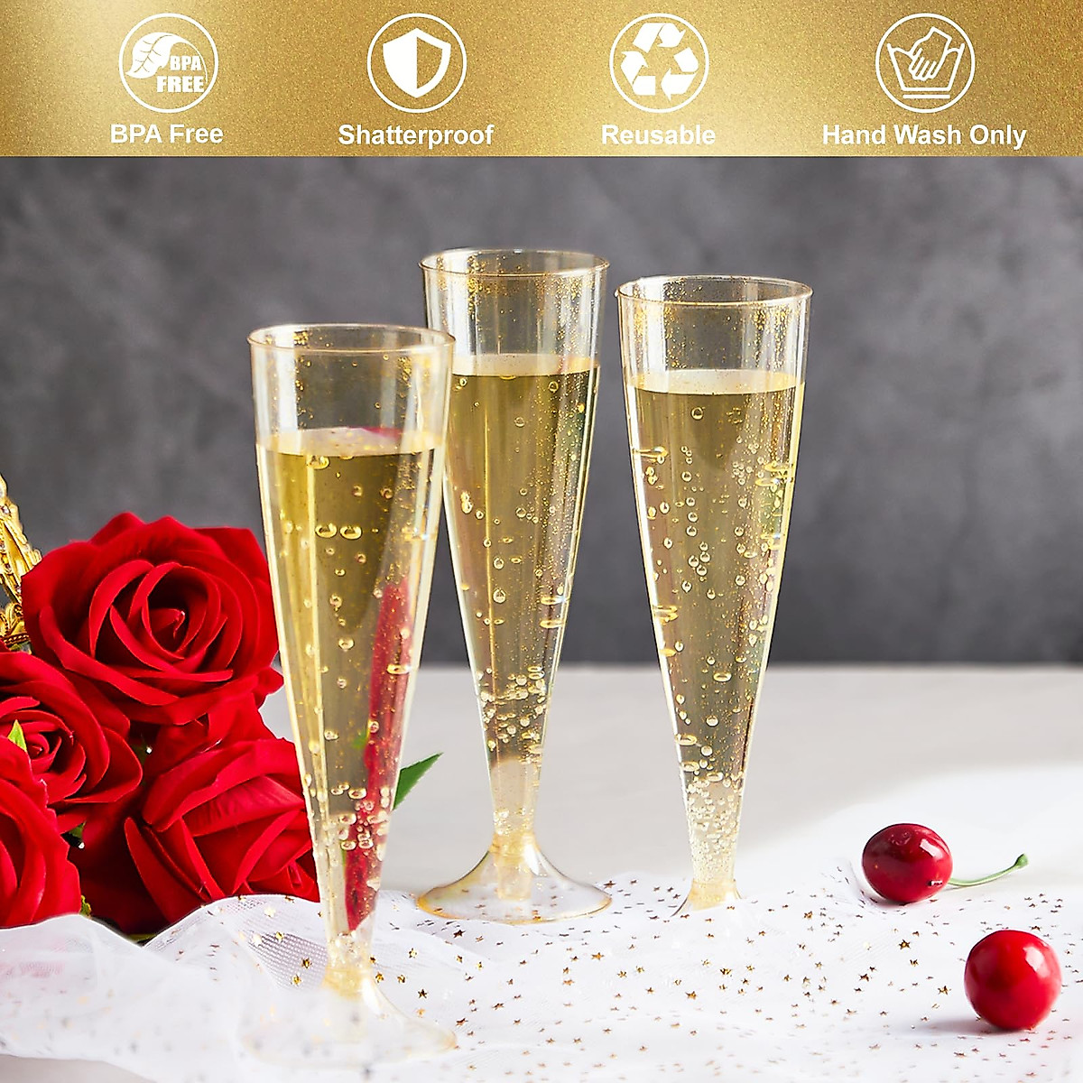 Qeirudu 50 Pack Plastic Champagne Flutes, 4.5 oz Gold Glitter Champagne Glasses Disposable Toasting Glass for Party Wedding Baby Shower Mimosa Bar Supplies