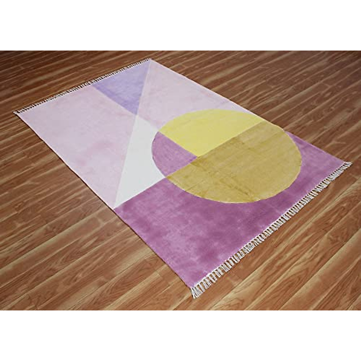 Casavani Hand Block Printed Cotton Dhurrie Geometric Pink & Yellow Tassel Rug Easy Care Washable Rugs for Doormat Entryway Living Room Bedroom Hallway Balcony 7x10 Feet