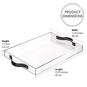 Elavain Acrylic Clear Serving Tray with Black Faux Leather Handles, Sturdy Perfume Organizer Tray, Large Tray for Ottoman Coffee Table, Countertop, Vanity, Kitchen & Living Room/ 15.75’’ x 11.8’’