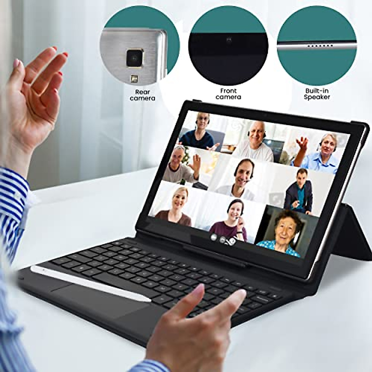 Pyle 1080p HD Display, 5000 mAH, Dual 10.1 Inch Android Tablet -2 in 1 Tablet Camera, WiFi Compatibility, Quad-Core Processor, 2GB RAM, 32GB Storage,Magnetic Keyboard,Stylus Pen & Case Included-Silver