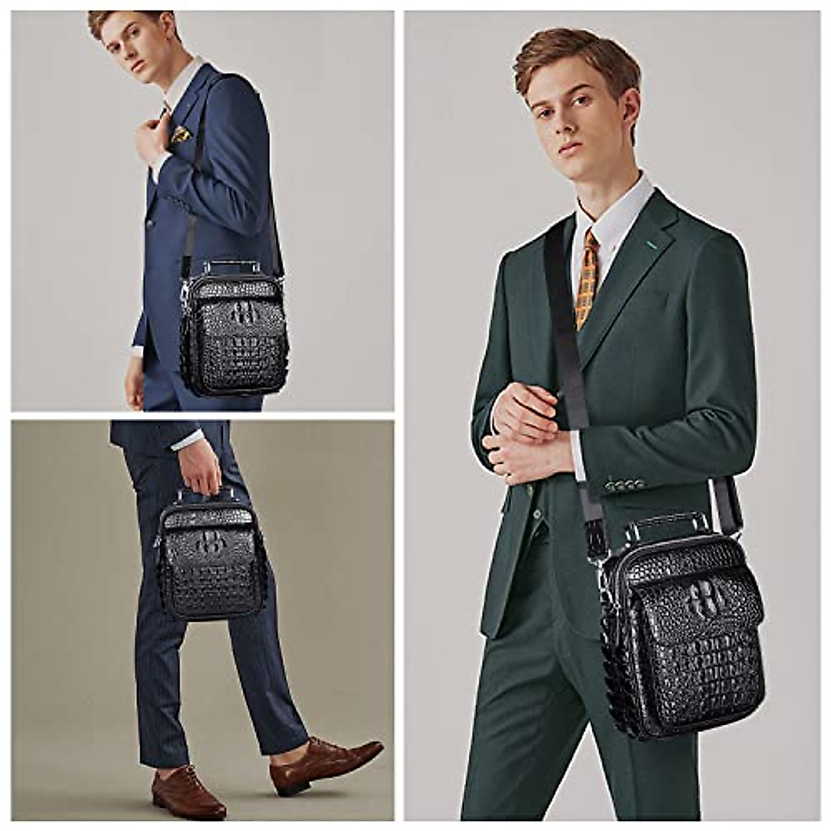 PIJUSHI Crocodile Leather Crossbody Bag for Men Genuine Leather Small Messenger Bag Shoulder Bag(PE002 Black)