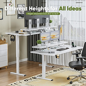 Shahoo Electric Standing Desk with Monitor Shelf, 63 x 27 Inches Height Adjustable Corner Table, Computer Workstation with Cup Holder and Hook for Home Office, White, 63x27 Inch