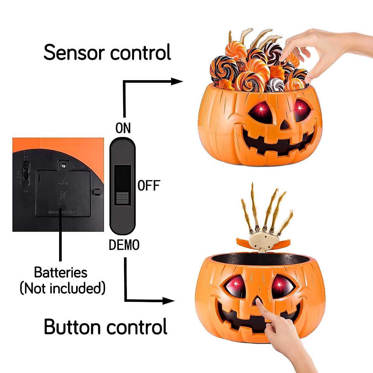 Anlass Halloween Candy Bowl Animated Pumpkin Candy Holder with Moving Skeleton Hand Creepy Sound and Red Eyes for Halloween Decorations Indoors and Trick or Treats