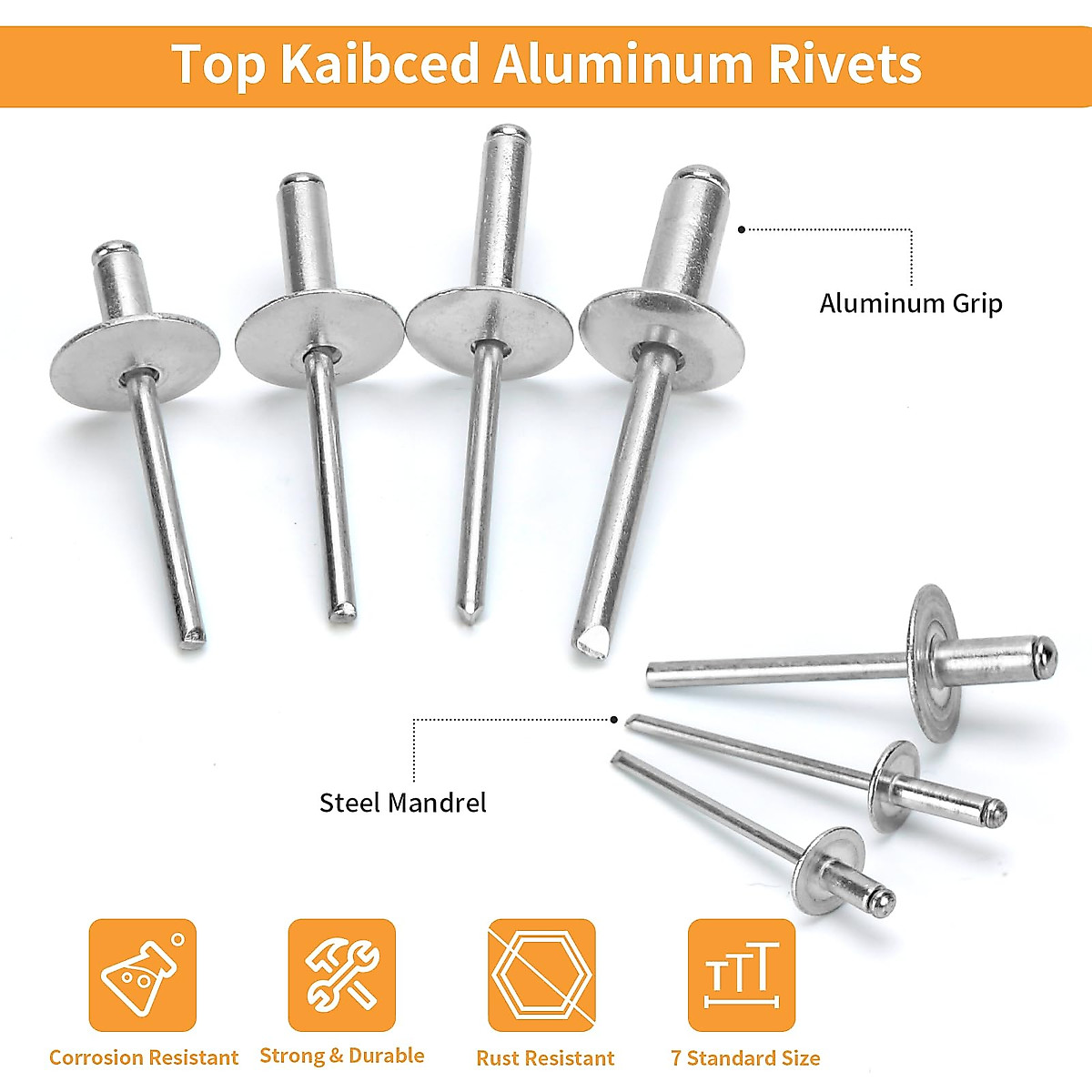 200PCS Pop Rivets Assortment Kit, Kaibced Large Flange Aluminum Rivets(1/8" 3/16" 1/4") Assorted Blind Rivets with Case (Silver)