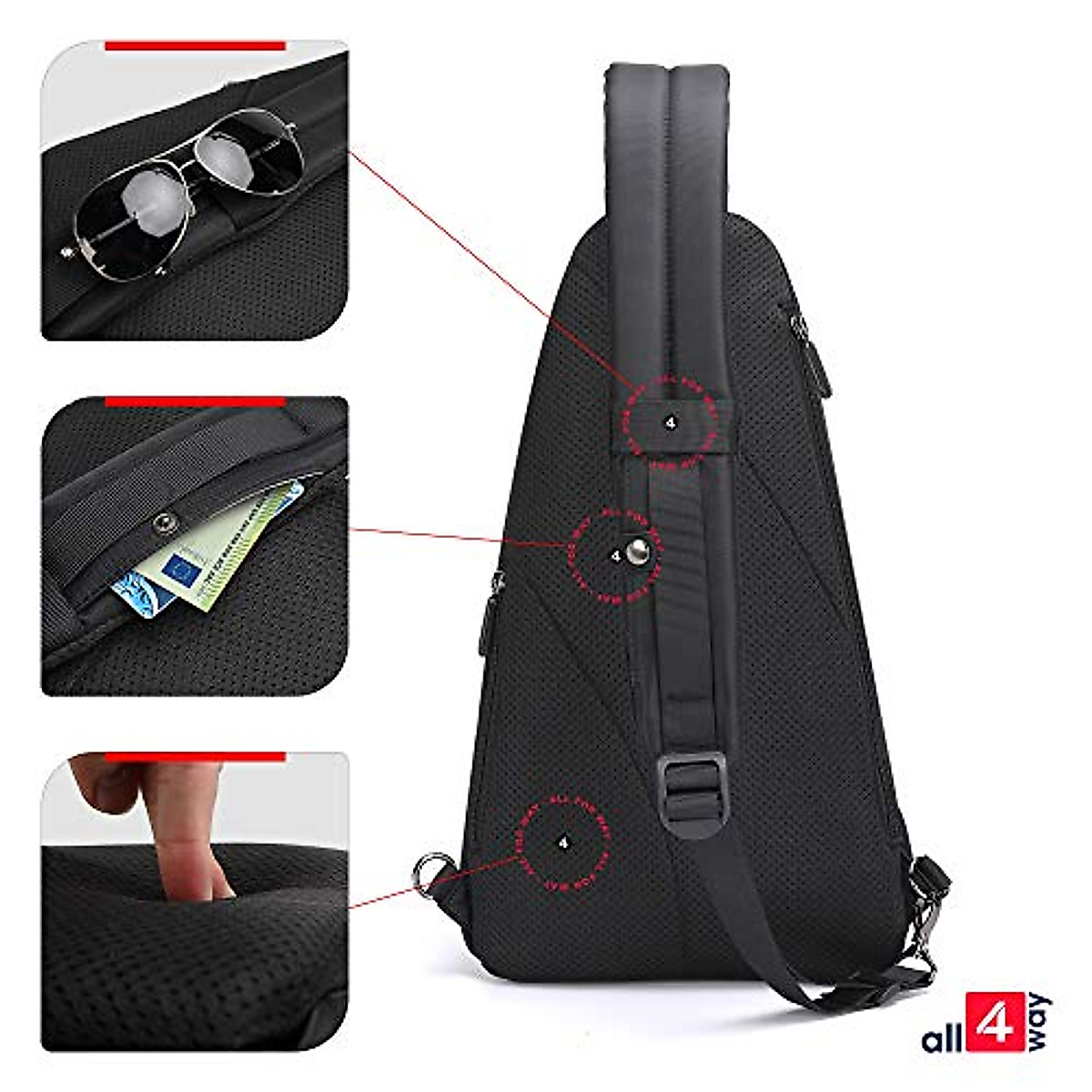 all4way Sling Backpack Tablet - Swiss Design with fast USB Charging - RFID Anti Theft Travel Biking Bag (10.2, Black)
