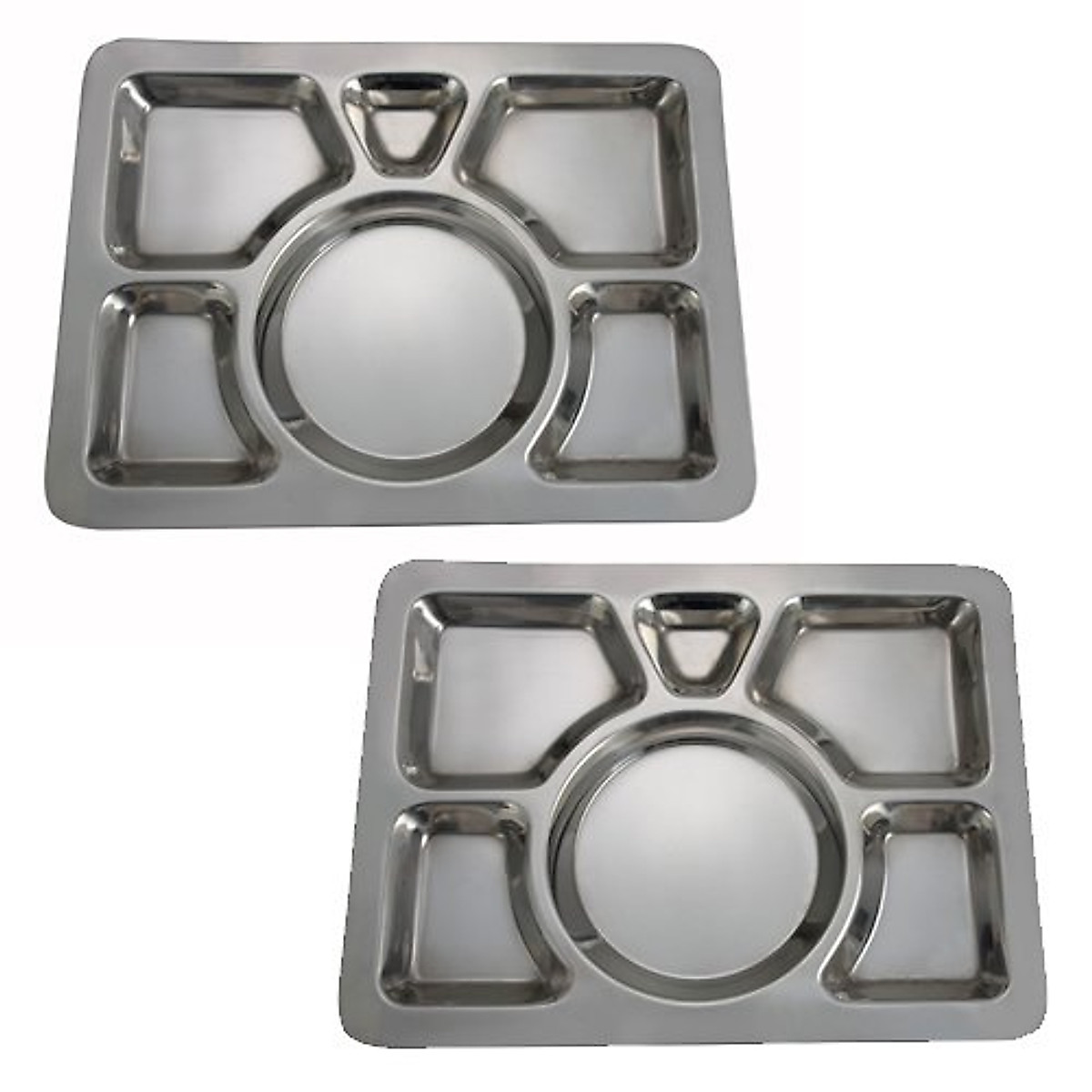 SET OF 2-6 Compartment Cafeteria Food Tray, Cafeteria Eating Mess Tray - Stainless Steel