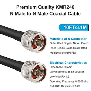 MOOKEERF N Cable, LMR240 Equivalent Coaxial Cable 10ft,Ultra Low Loss N Male Cable 50ohm,KMR240 N Male to N Male Connector Jumper Cables for Antenna,WiFi Router,Signal Booster, Amplifier