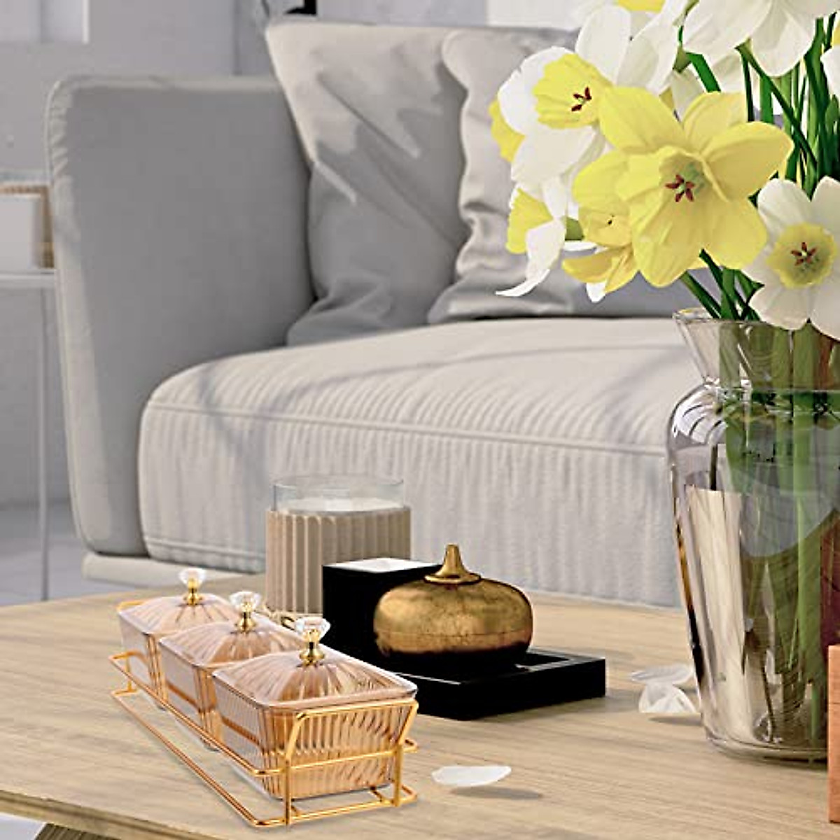 Cabilock Serving Bowls Condiment Serving Tray 3 Clear Appetizer Bowls Set with Iron Rack Chip Dips Snack Dish Buffet Server Food Display Relish Platter for Fruit Dessert Nuts Candy Decorative Tray