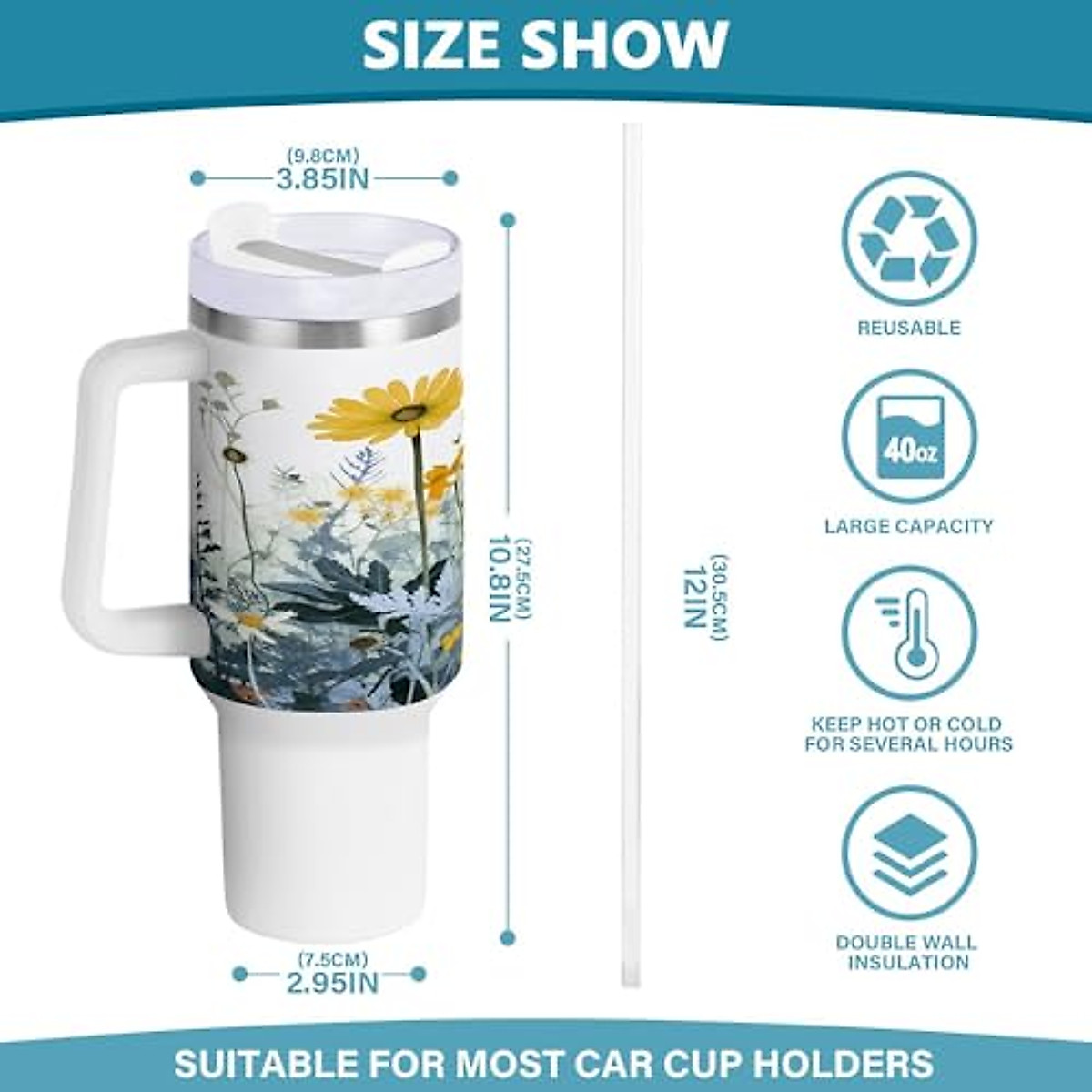 Jihqo Beautiful Wildflowers 40 oz Stainless Steel Vacuum Insulated Tumbler with Handle and Straw Lid Reusable Leakproof Water Bottle Double Wall Travel Mug Coffee Cup, Cupholder Friendly