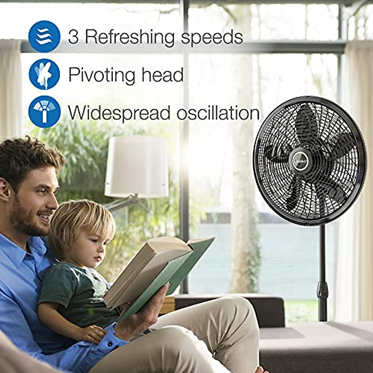 Lasko Oscillating Pedestal Fan, Adjustable Height, 3 Speeds, for Bedroom, Living Room, Home Office and College Dorm Room, 18", Black, 1827