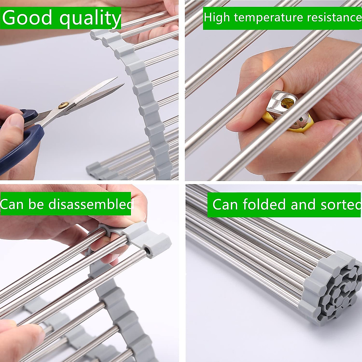 Over The Sink Dish Drying Rack, RidRed Roll up dish rack, High temperature resistance Kitchen Rolling Dish Drainer, Stainless Steel Sink Drying Rack, Foldable Dish Drainer, Gray (17.5 x 11.8)