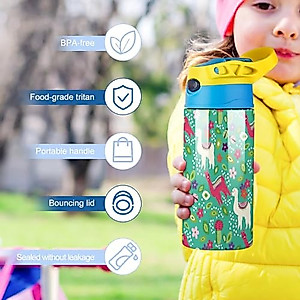 Kids Water Bottle with Straw Lid Cute Llama with Flower Cactus Ladybug Print 12 Oz/350 Ml Stainless Steel Reusable Thermos Bottles