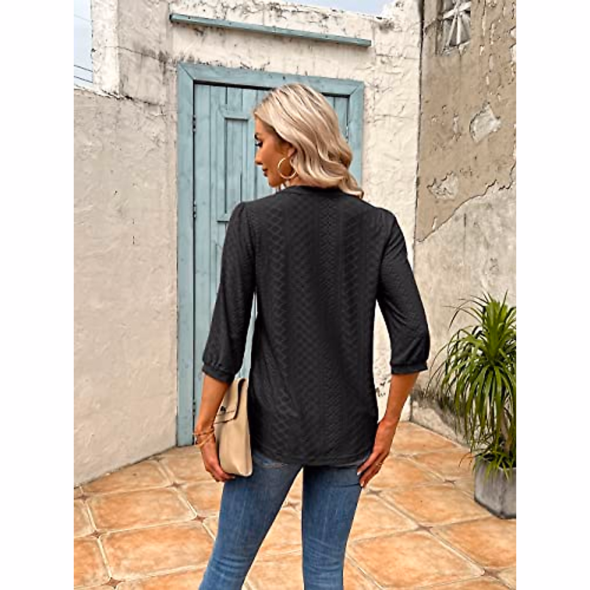 FMEYOA Women's 3/4 Sleeve Tops Eyelet Dressy Casual V Neck Blouses T Shirts(Black,X-Large)