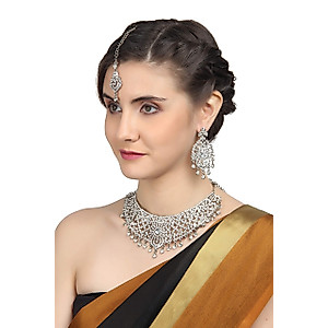 Touchstone Indian Bollywood Masterly Created Sparkling White Rhinestones Studded Look Grand Bridal Jewelry Necklace Earrings Mangtika Set In White Tone For Women.