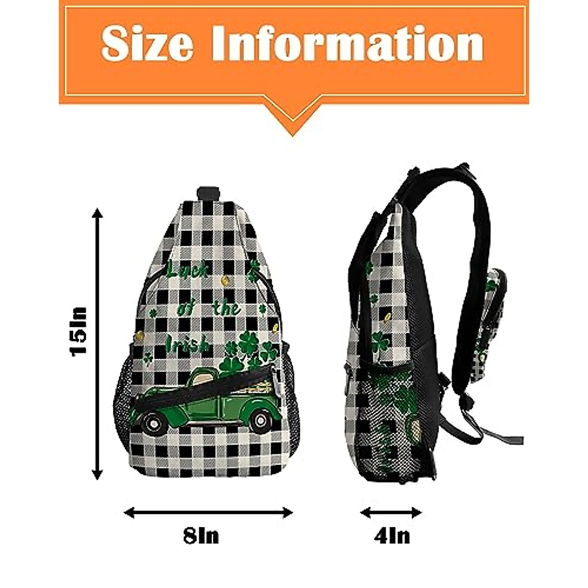 Gsypo Sling Backpack, St. Patrick's Day Lucky Of The Irish Black Buffalo Plaid Waterproof Lightweight Small Sling Bag, Travel Chest Bag Crossbody Shoulder Bag Hiking Daypack for Women Men