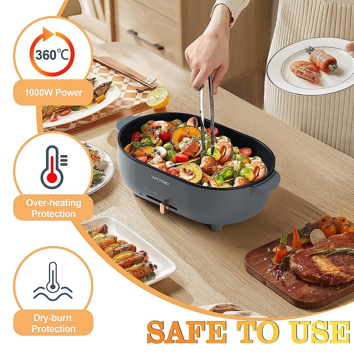 HYTRIC 3.5L Hot Pot Electric for Cooking, 110oz Electric Pot with Nonstick Coating, Multifunction Electric Cooker with Power Control for Shabu Shabu, Noodles, Sauté, BPA-FREE, Grey