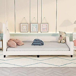 HAUSHECK Twin Size Toddler Montessori Bed with Carton Ears Shaped Headboard, Montessori Bed for for Kids Girls & Boys, Upholstered Bed Frame with Wooden Slats Support, Daybed No Box Spring Needed