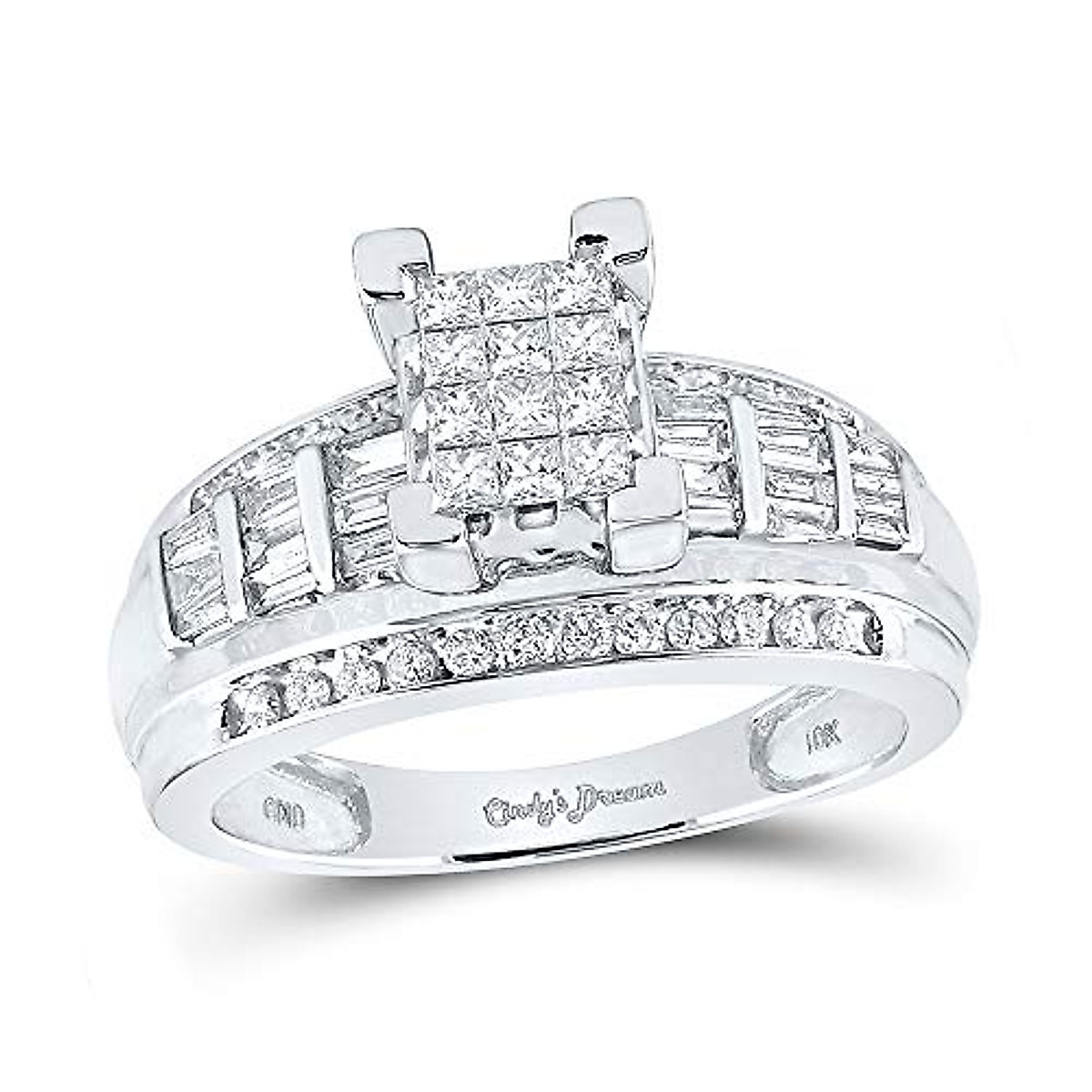 10kt White Gold Princess Diamond Cluster Bridal Wedding Engagement Ring 7/8 Cttw