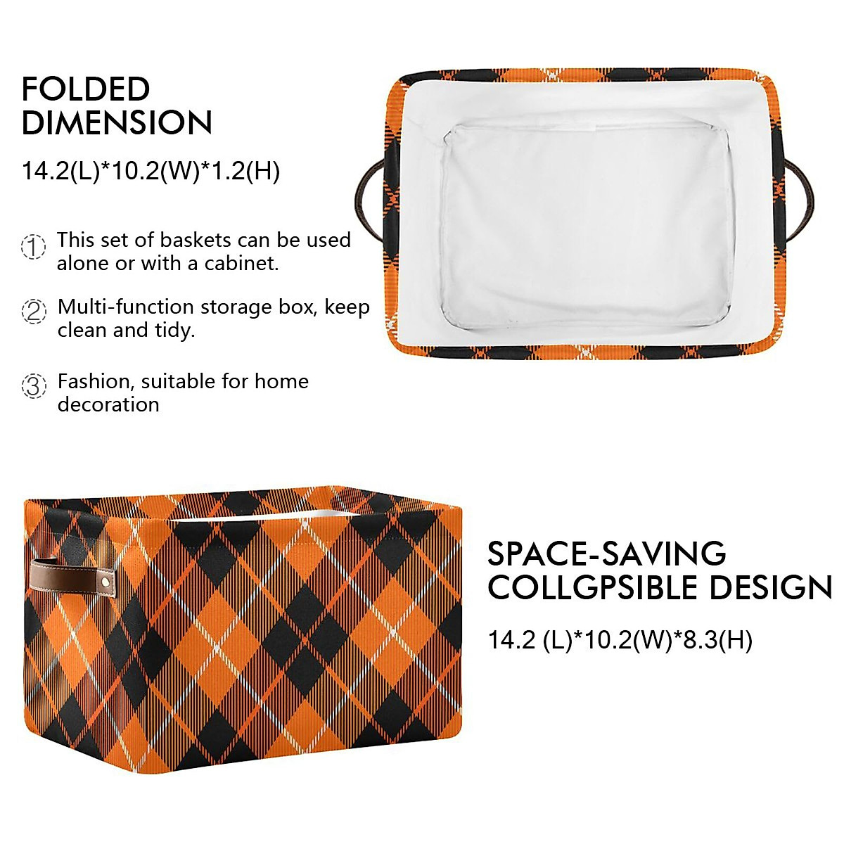 NFMILI Orange Black Plaid Storage Basket, Fabric Storage Cubes Bins, Open Home Storage Bins with Handle 14.2 x 10.2 x 8.3 in