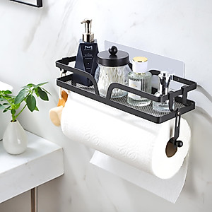 Taozun Paper Towel Holder with Shelf, Kitchen Paper Holder Spice Rack Black Paper Towel Roll Holder RV Paper Towel Rack with 4 Hooks(2 Installation Methods - Self-Adhesive and Drilling)