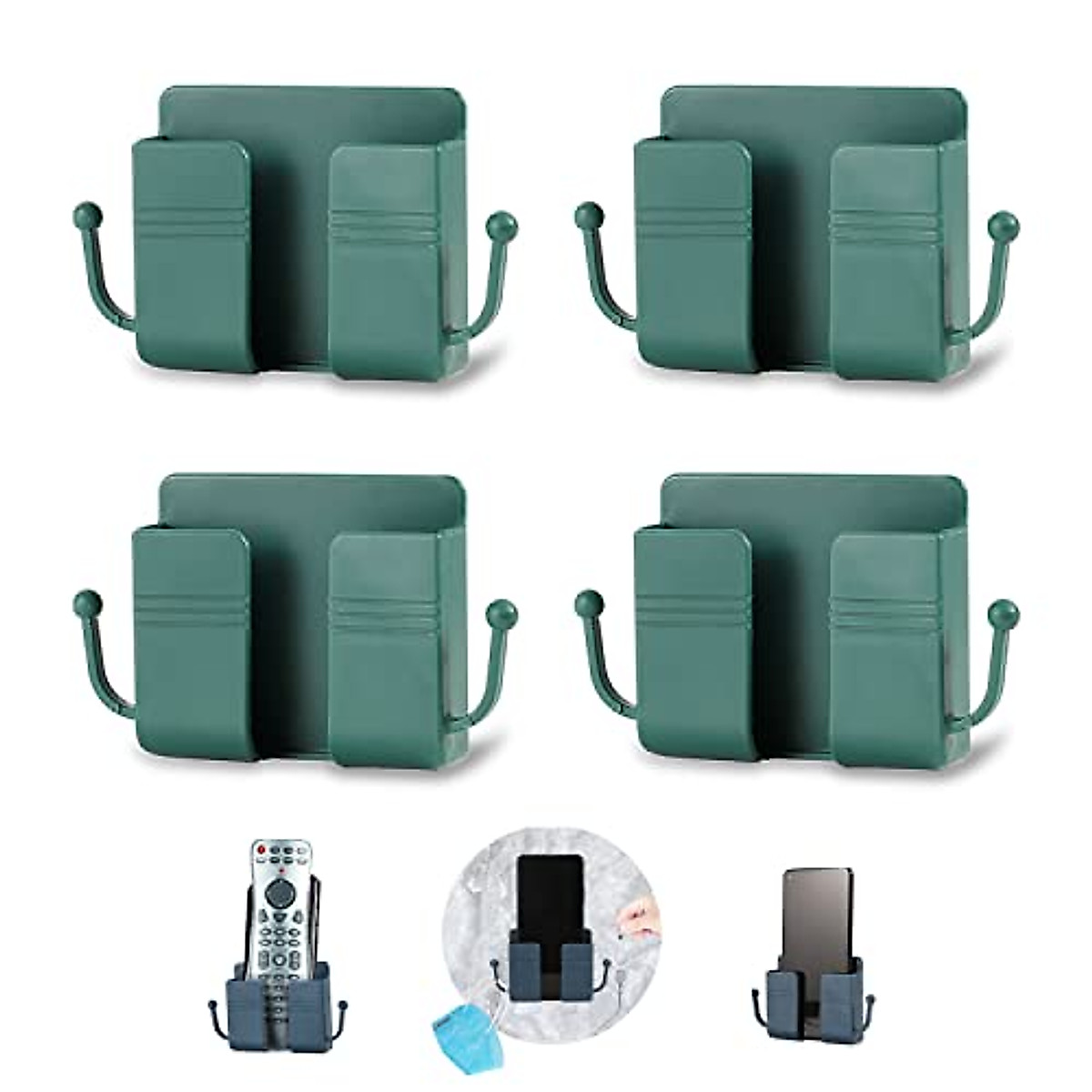 4 pieces Wall Mount Phone Holder Adhesive Wall Beside Organizer Storage Box Plastic with Hooks Remote Control Phone Brackets Holder Charging Phone Stand for Bedroom Living Room Bathroom (Green)