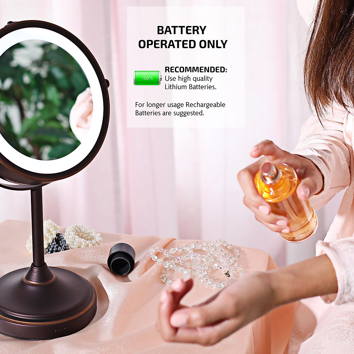 OVENTE 7'' Lighted Makeup Mirror with 1X/7X Magnification, Cordless Tabletop Mount Vanity Mirror with 360° Swivel Design & Double Sided Glow Cosmetic White LED Ring Light, Antique Bronze MCT70ABZ1X7X