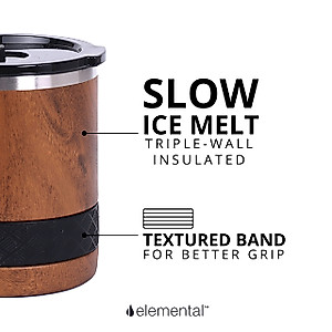 Elemental Recess Lowball Tumbler, 10oz Triple Wall Stainless Steel Cup with Non-Shattered Tritan Lid, Insulated Whiskey Glass, Insulated Coffee Tumbler Mug for Hot & Cold Drinks - Teak Wood