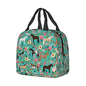 srufqsi Horses And Flowers Lunch Bag Insulated Water-Resistant Tote Bag Reusable Lunch Box For Picnic Travel