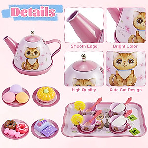 Fudragtn Tea Party Set for Little Girls, 50Pcs Kitchen Pretend Play Tea Set for Toddlers 3-6, Cat Princess Tea Time Toy with Tin Tea Set, Desserts, Cake & Carrying Case, Birthday Gift for Kids Girls