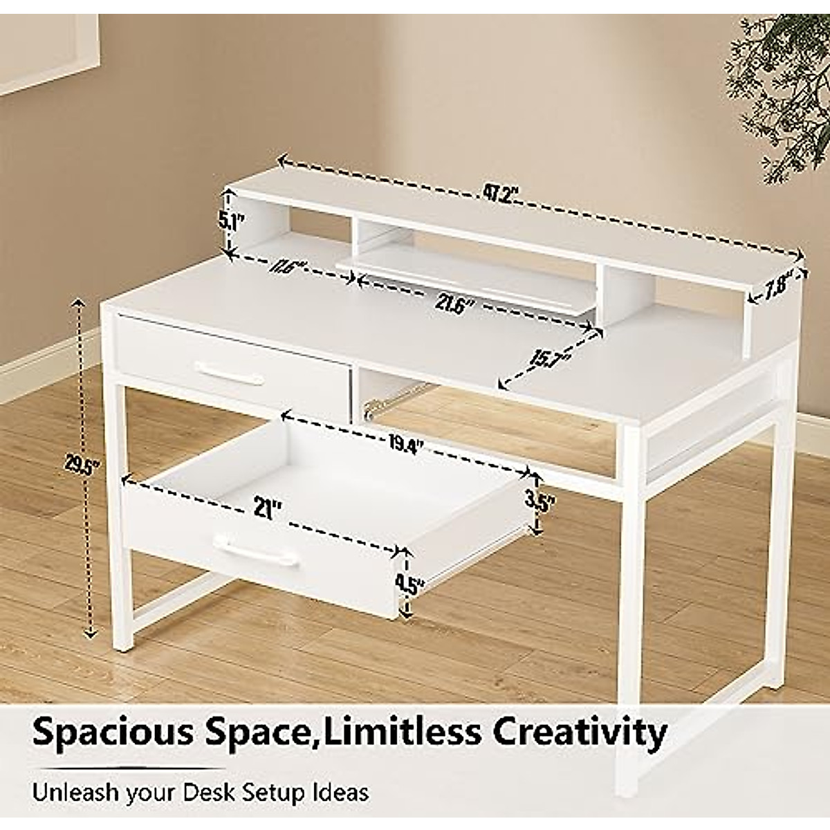 VEELOK Computer Desk with Drawers, 47" Home Office Desk with Monitor Shelf, Writing Desk with Storage, Gaming Desk Work Desk Study Desk for Bedroom, White