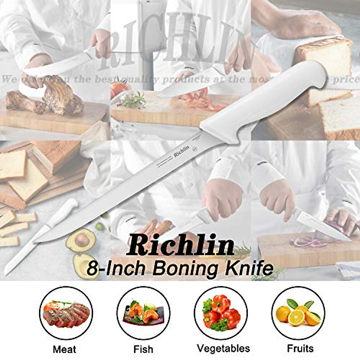Richlin Boning Knife,8-Inch Chef's Knife with Razor Sharp High Carbon Stainless Steel for Meat and Poultry(8” Narrow Boning Knife,White)